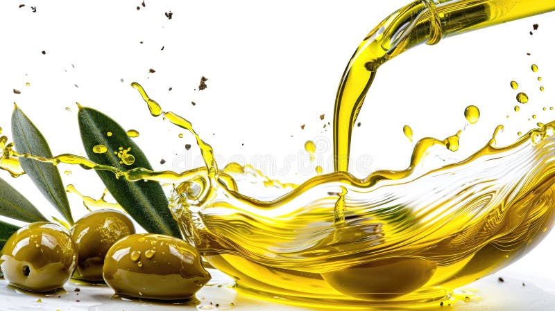 Dynamic Splash of Olive Oil with Whole Olives and Leaves. Stock Photo ...
