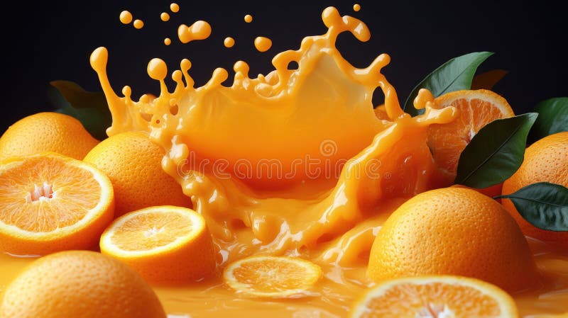 Dynamic Splash of Orange Juice Amid Fresh Oranges on Black Background ...