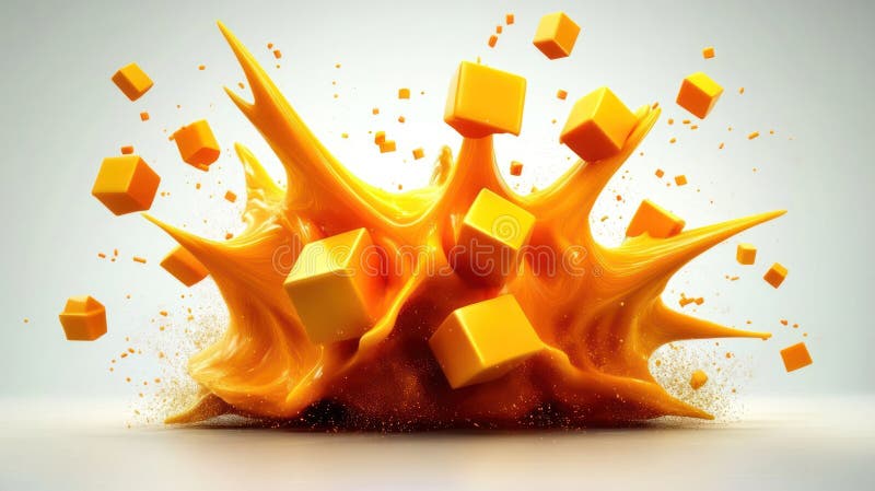 A Dynamic Splash of Orange Liquid with Yellow Cubes Exploding Outward ...