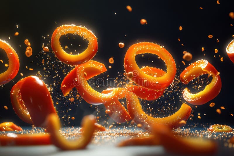 Dynamic Splash of Orange Pepper Slices in Mid-air Against Dark ...