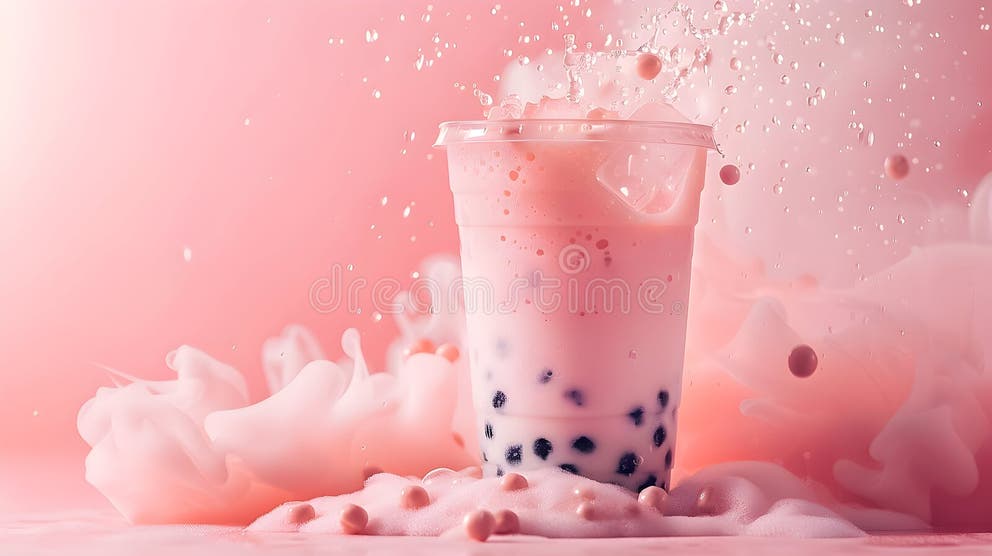 A Dynamic Splash of Pink Milk Tea with Tapioca Pearls Exploding Out of ...