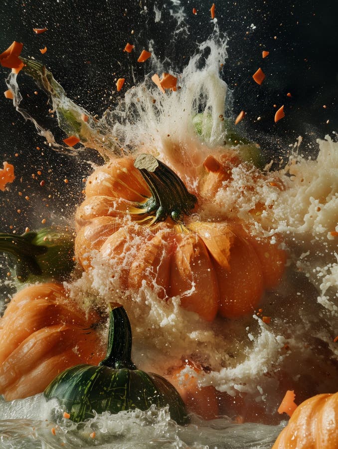 Dynamic Splash of Pumpkins Bursting in a Dramatic Display of Color and ...