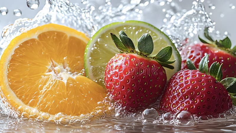 A Dynamic Splash Scene of Vibrant Fruit Slices Dropping into Crystal ...