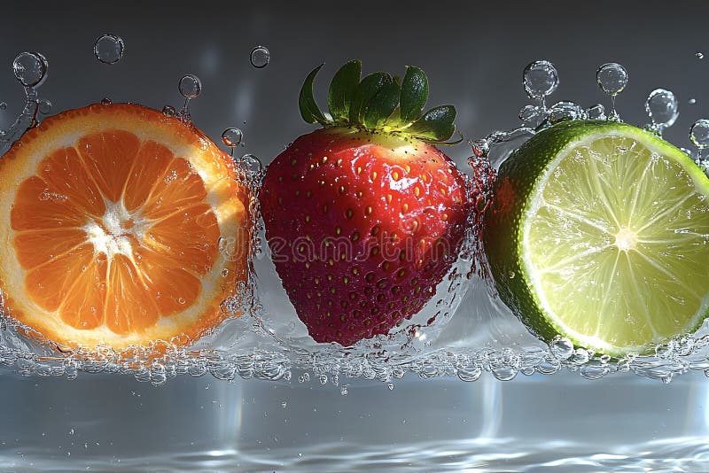 A Dynamic Splash Scene of Vibrant Fruit Slices Dropping into Crystal ...