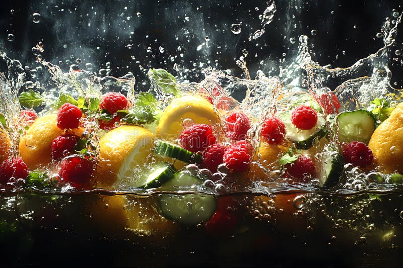A Dynamic Splash Scene of Vibrant Fruit Slices Dropping into Crystal ...