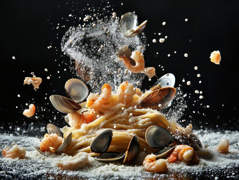 A Dynamic Splash of Seafood Pasta with Shrimp and Clams, Showcasing ...