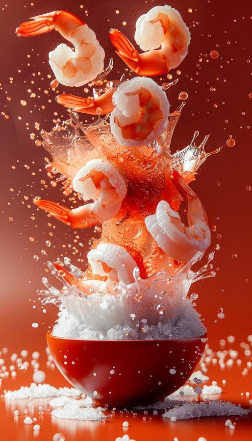 Dynamic Splash of Shrimp Over Bowl of Cooked Rice on Red Background ...