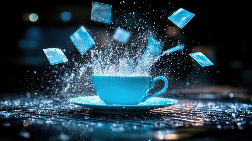 Dynamic Splash of Tea Bags and Cup in Motion for Beverage Design Stock ...