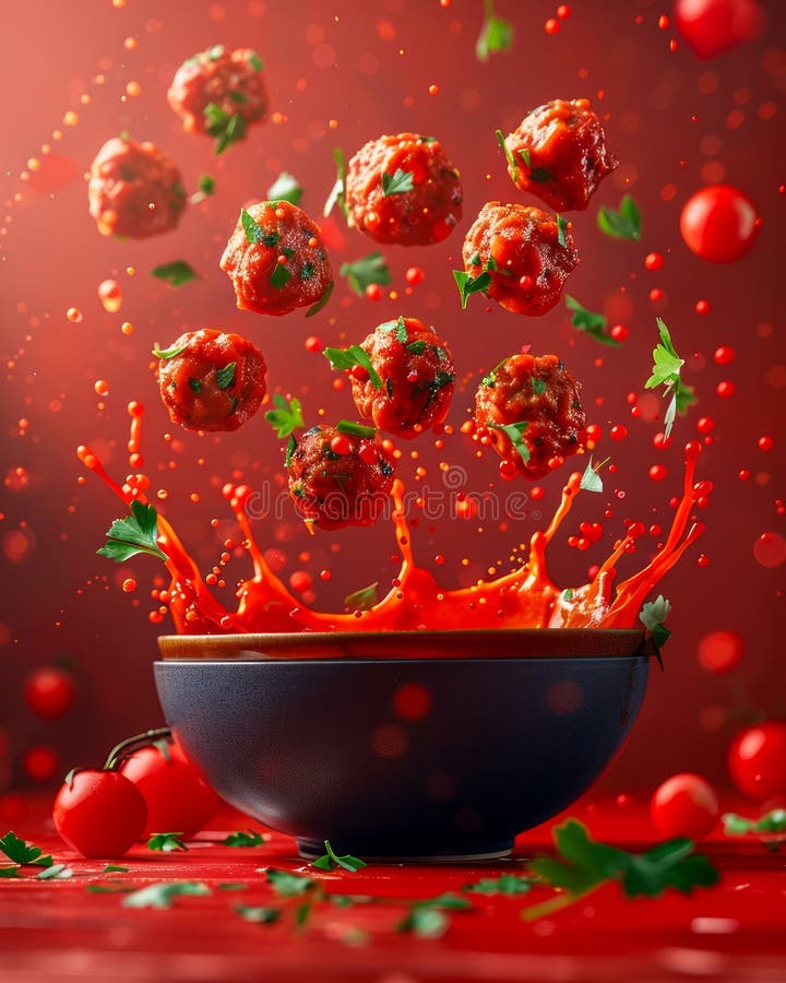 Dynamic Splash of Tomato Sauce with Floating Meatballs and Cherry ...