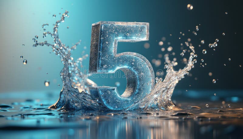 Dynamic Splash of Water Around a Shimmering Number Five Stock Image ...