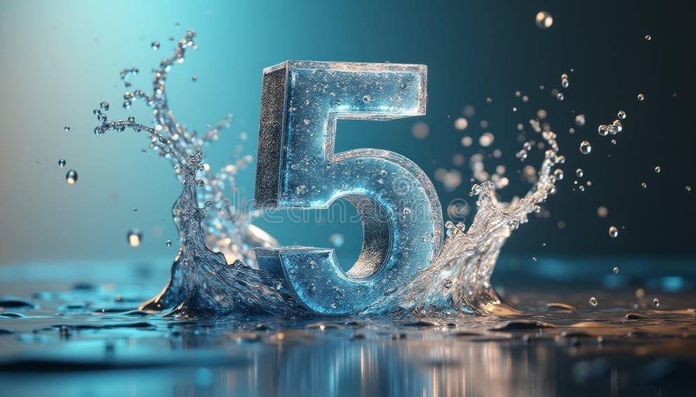 Dynamic Splash of Water Around a Shimmering Number Five Stock Image ...