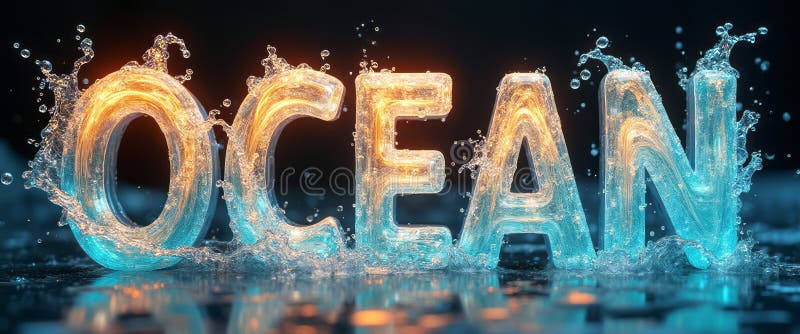 Dynamic Splash of Water Around the Word OCEAN in Glowing Letters Stock ...