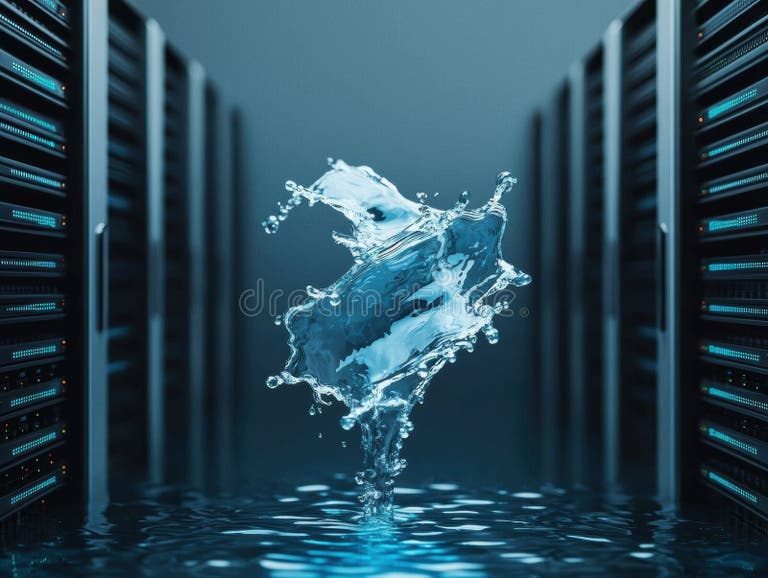 Dynamic Water Droplets Float between Two Rows of Glowing Data Servers ...