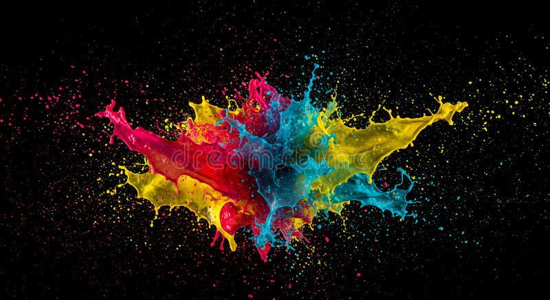 Dynamic Splashes of Red, Yellow, and Blue Paint Collide Against a Black ...
