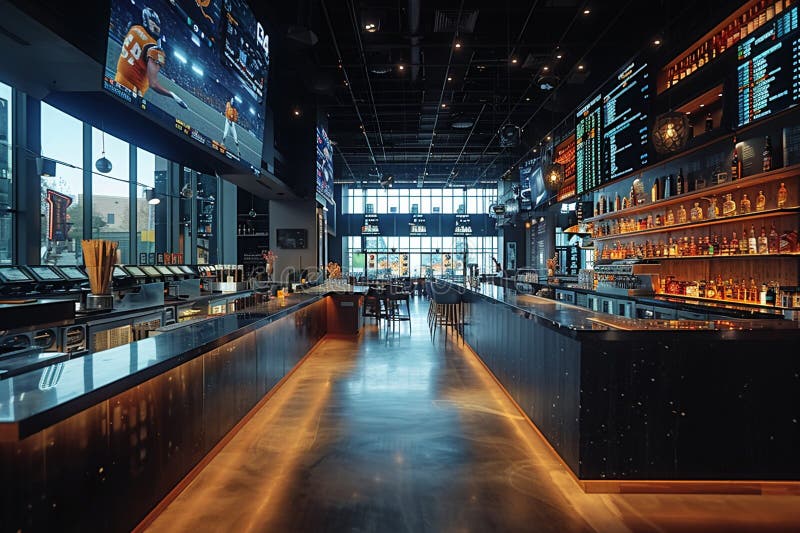 Dynamic Sports Bar with Large Screens and Memorabilia Displays Stock ...