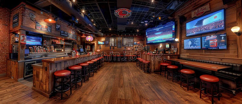 Dynamic Sports Bar with Large Screens and Memorabilia Displays Stock ...