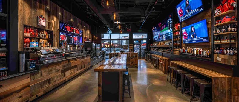 Dynamic Sports Bar with Large Screens and Memorabilia Displays Stock ...