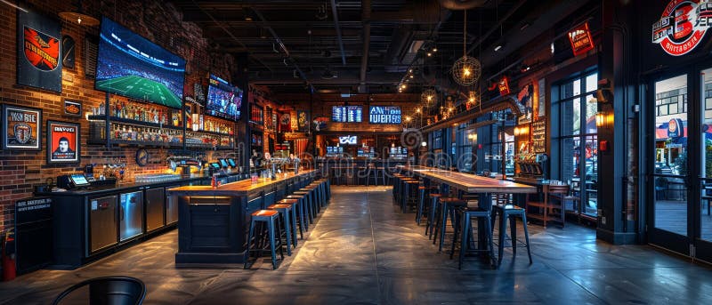 Dynamic Sports Bar with Large Screens and Memorabilia Displays Stock ...