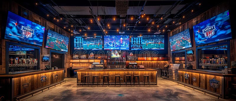 Dynamic Sports Bar with Large Screens and Memorabilia Displays Stock ...