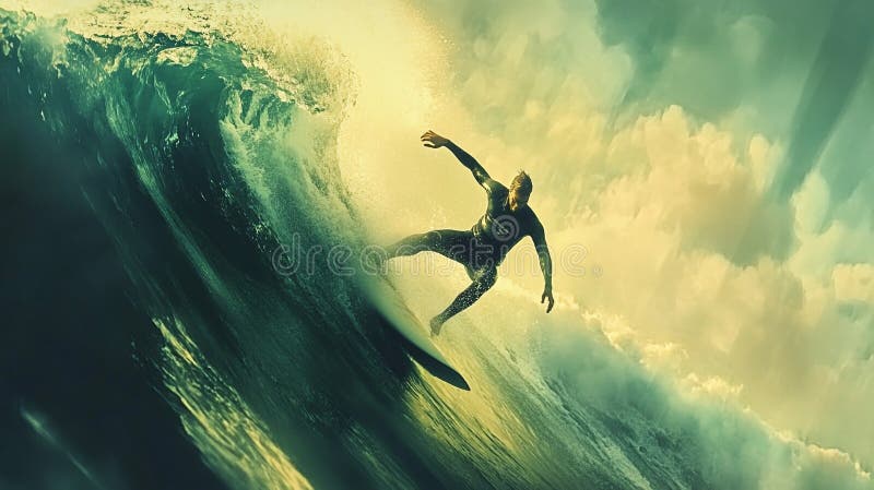 A Dynamic Sports Scene of a Surfer Riding a Massive Wave. Stock ...