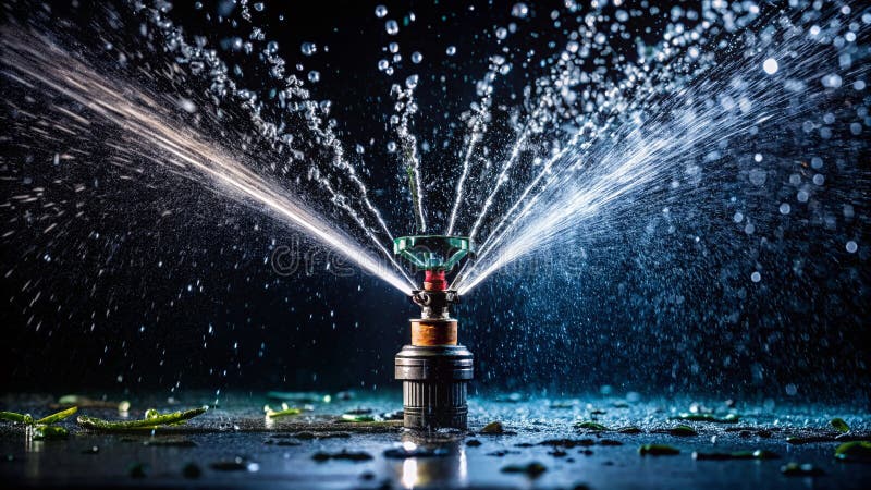Dynamic Sprinkler Action in a Dramatic Black Background Closeup View of ...