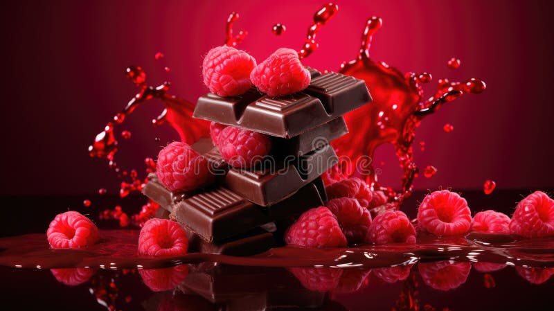 Dynamic Stack of Chocolate Bars, Raspberries, and Syrup Splash on a ...