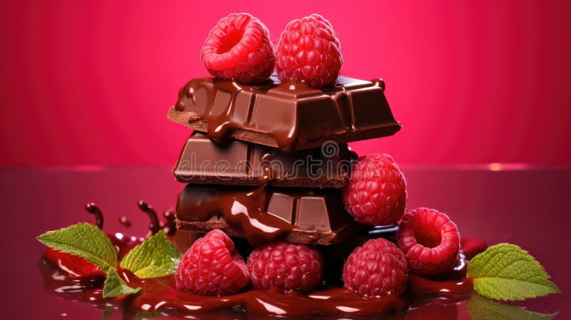 Dynamic Stack of Chocolate Bars, Raspberries, and Syrup Splash on a ...