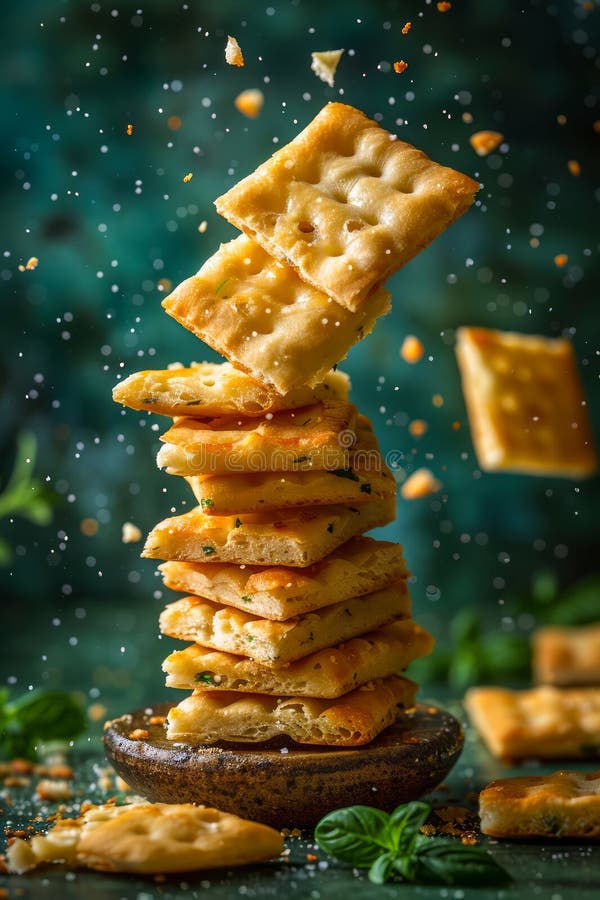 Dynamic Stack of Crackers with Falling Spices Herbs Against a Moody ...