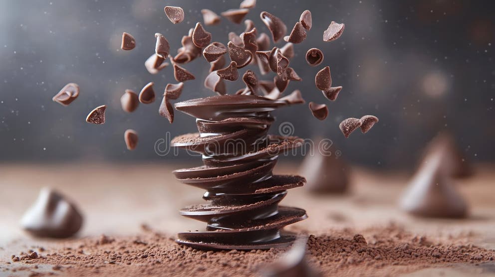 Dynamic Stack of Dark Chocolate Pieces with Floating Chocolate Chips ...