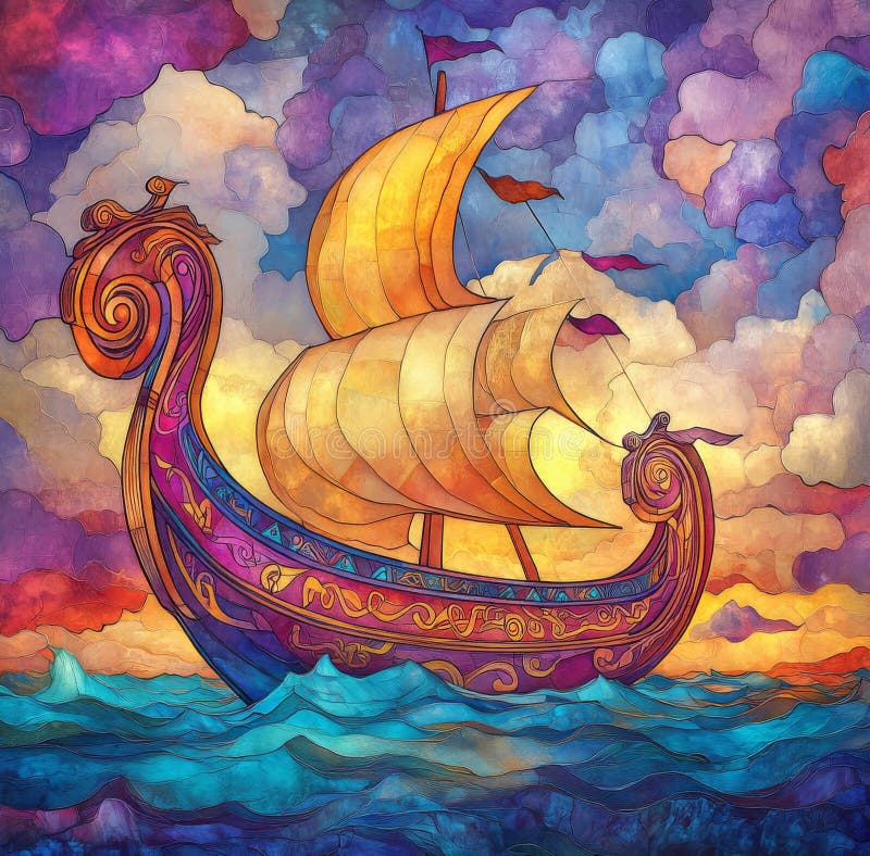 A Dynamic Stained Glass Image of a Sailing Ship Against a Bright Sunset ...