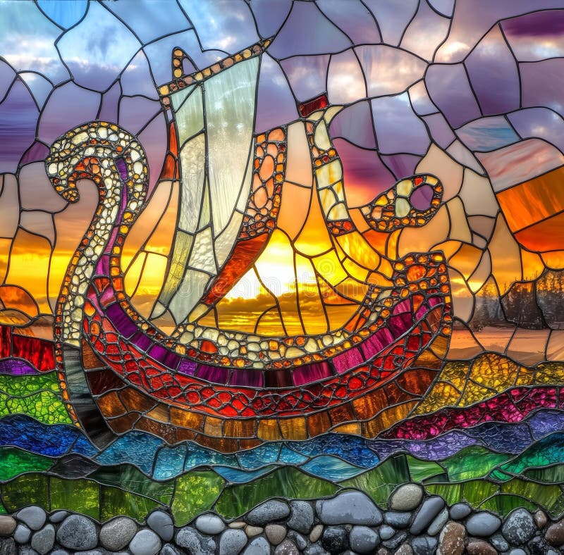 A Dynamic Stained Glass Image of a Sailing Ship Framed by a ...