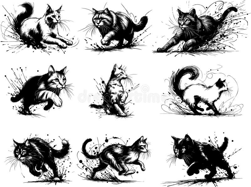 Stencil Cat Illustrations in Motion with Splash and Smear Effects Stock ...