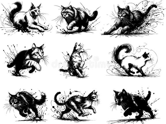Stencil Cat Illustrations in Motion with Splash and Smear Effects Stock ...