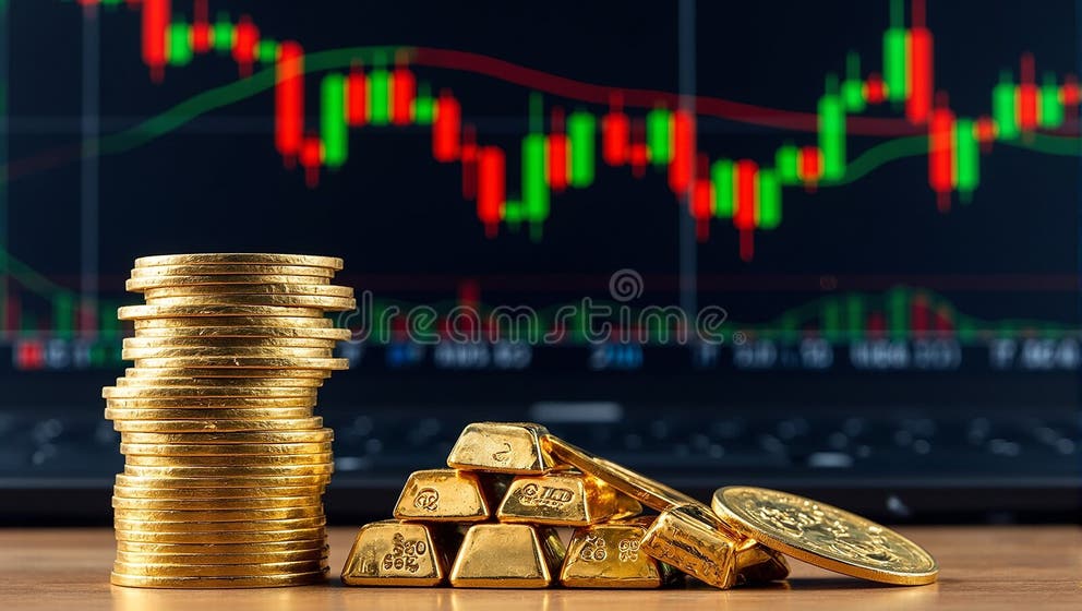 Dynamic Stock Chart Backdrop To Gold Coins and Bars Stock Illustration ...