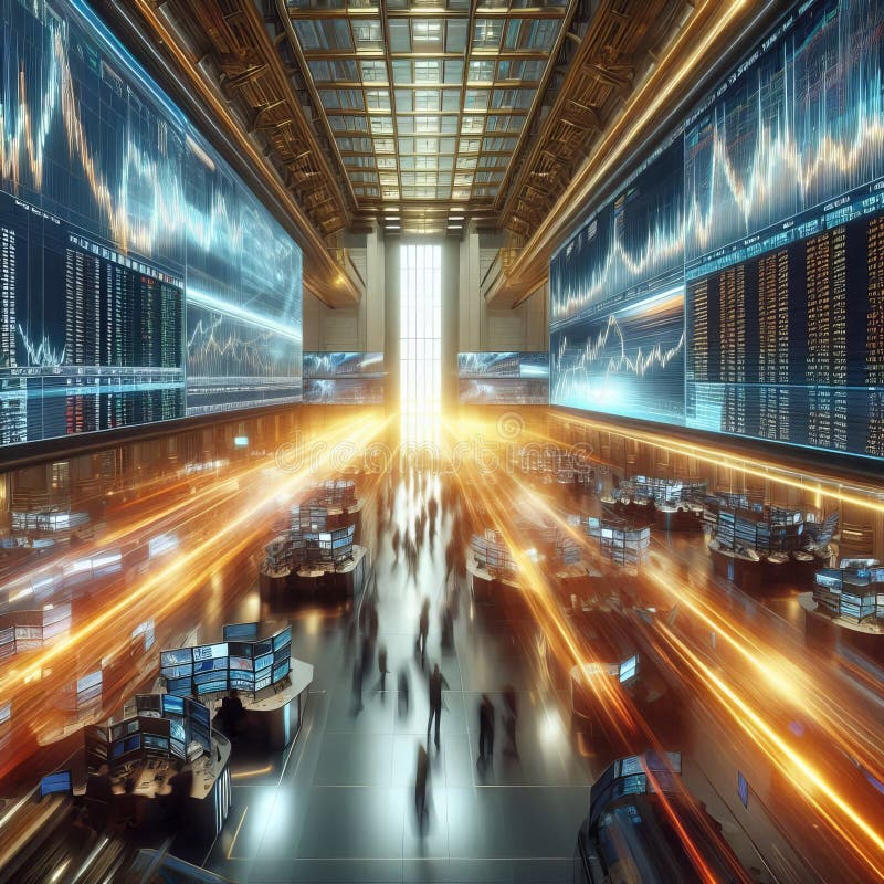 Dynamic Stock Exchange Floor with Glowing Data Streams Stock Image ...