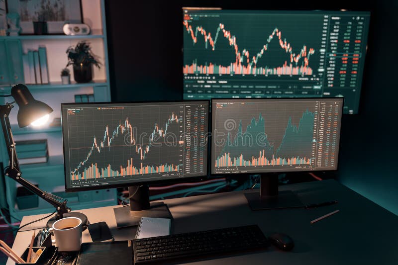 Dynamic Stock Exchange Statistic on Pc Screens at Light Neon Office ...