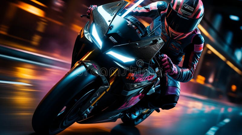 Neon-Lit Motorcycle in Road Tunnel with Speed Recursive Effect, Black ...