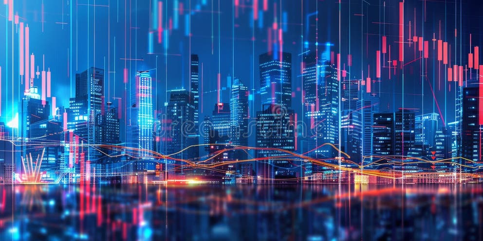 Dynamic Stock Market Visualization with Graphs, Charts, Urban Landscape ...