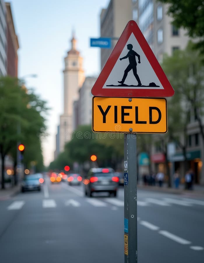 Dynamic Street Scene with Yield Sign Bustling Intersection Stock ...
