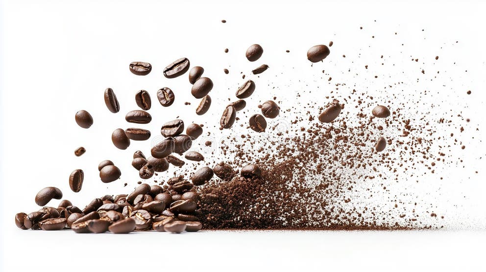 Coffee Beans and Ground Coffee Exploding on a White Background in ...