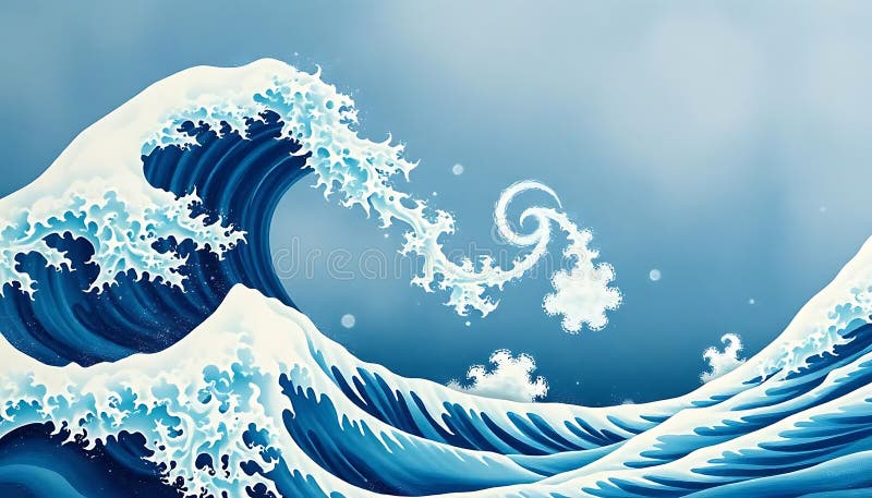 Dynamic and Stylized Ocean Waves are Depicted with Swirling Crests and ...