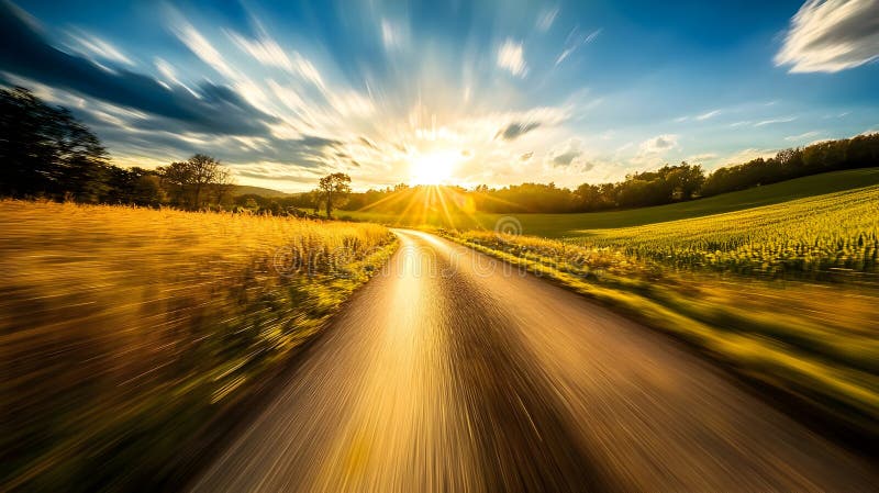 Dynamic Sunset Path through Lush Countryside Landscape Stock Photo ...