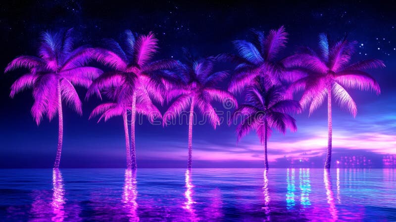 A Dynamic Sunset View with Palm Trees Casting Reflections on Still ...