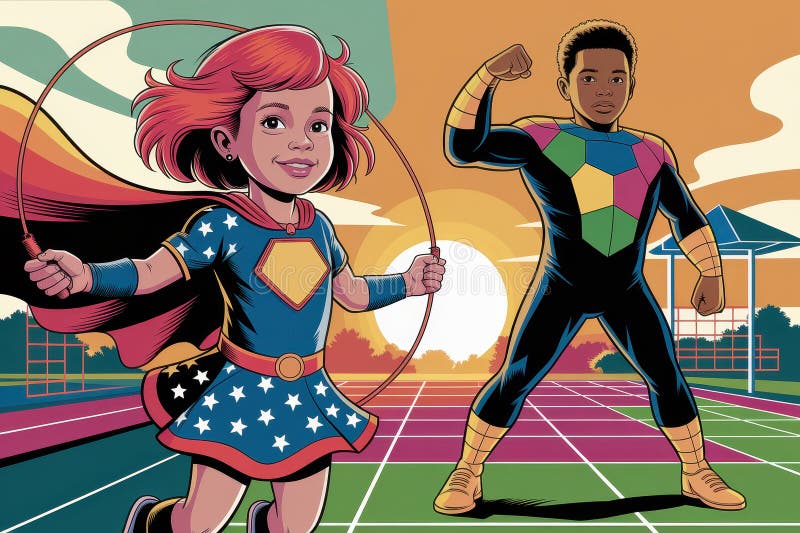 Dynamic Superhero Kids Skipping Rope and Flexing Muscles at Sunset ...