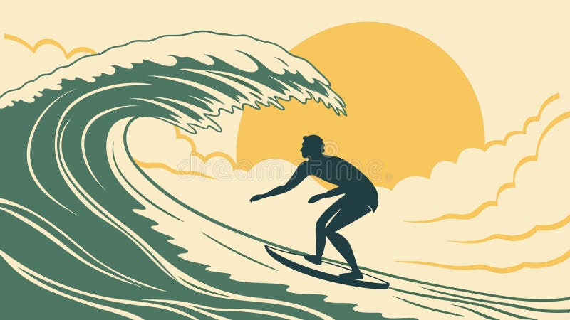 Dynamic Surfer Riding a Wave at Sunset, Ocean Adventure, Vector Design ...