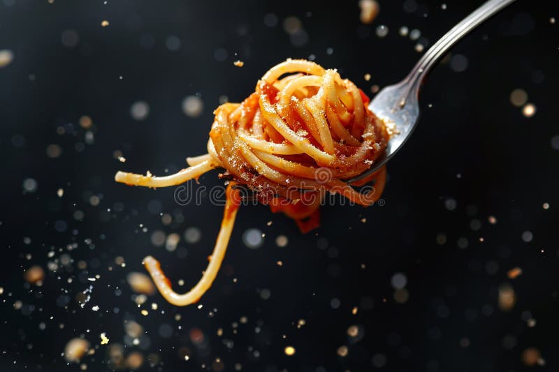 A Dynamic Swirl of Spaghetti and Fork with Sauce Midtoss Flying Food ...