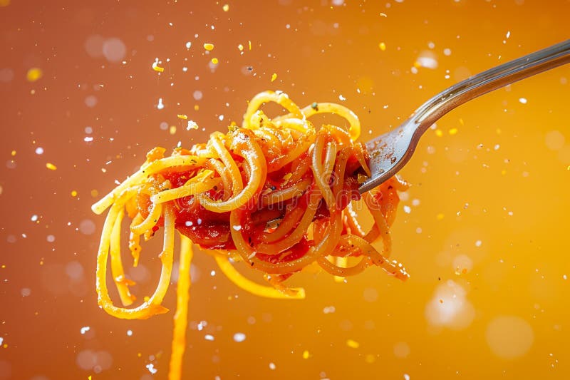 A Dynamic Swirl of Spaghetti and Fork with Sauce Midtoss Flying Food ...