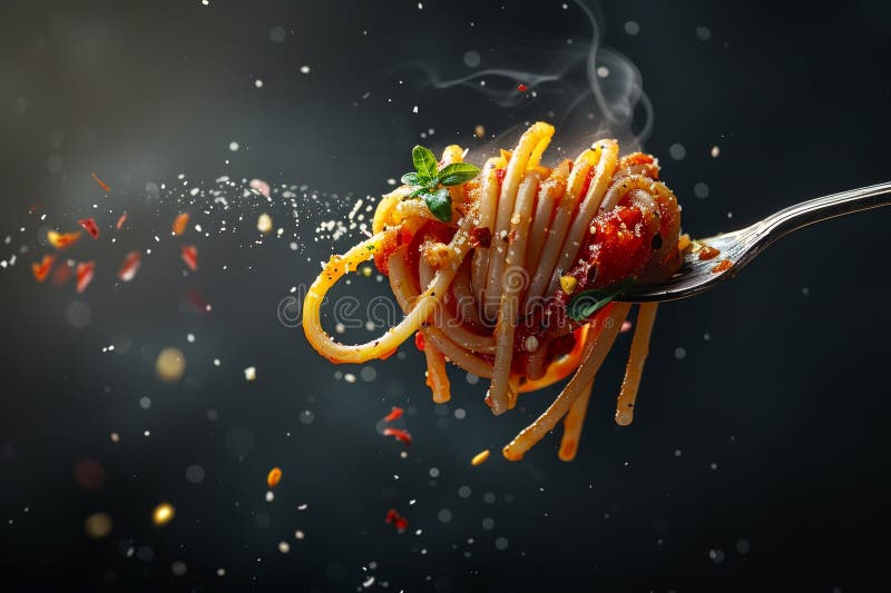 A Dynamic Swirl of Spaghetti and Fork with Sauce Midtoss Flying Food ...