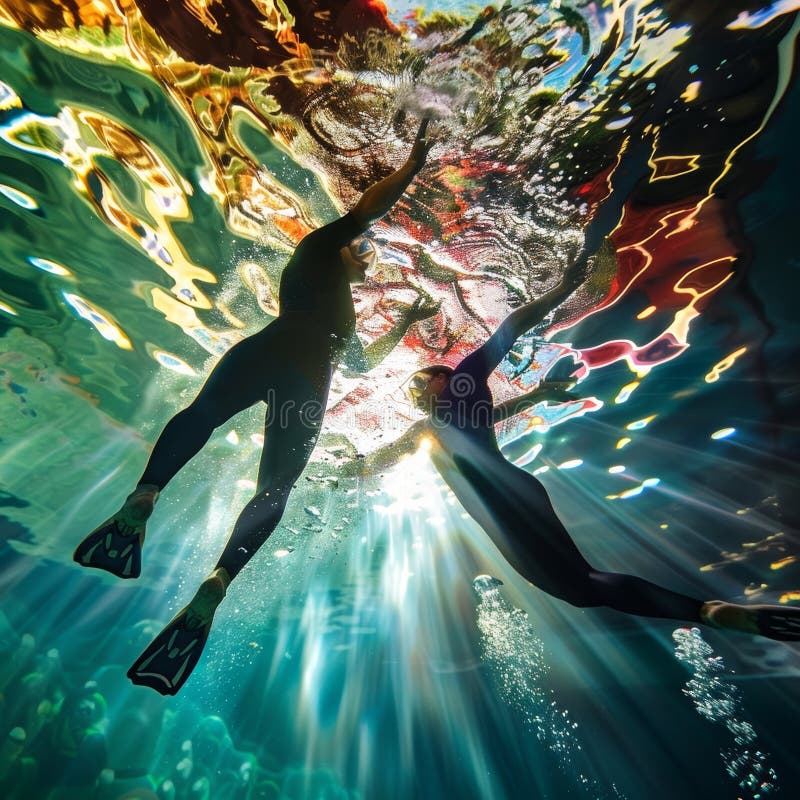 Dynamic Synchronized Dive by German Athletes Underwater Stock ...