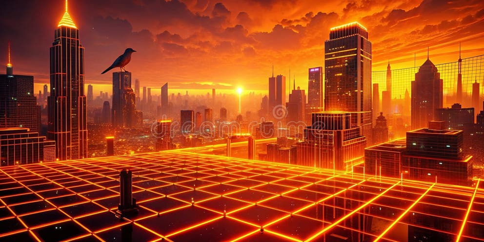 Dynamic Synthwave Cityscape Loop a RetroFuturistic Orange Neon Grid ...